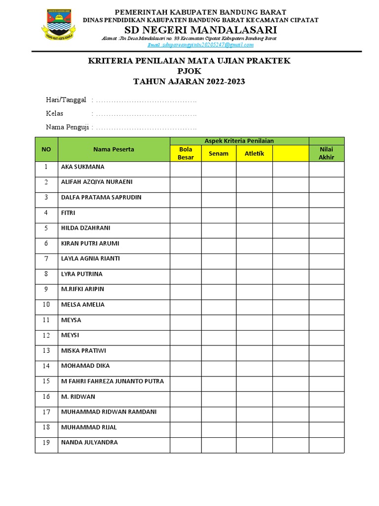 Kriteria Penilaian Praktek PJOK SD Mandalasari | PDF