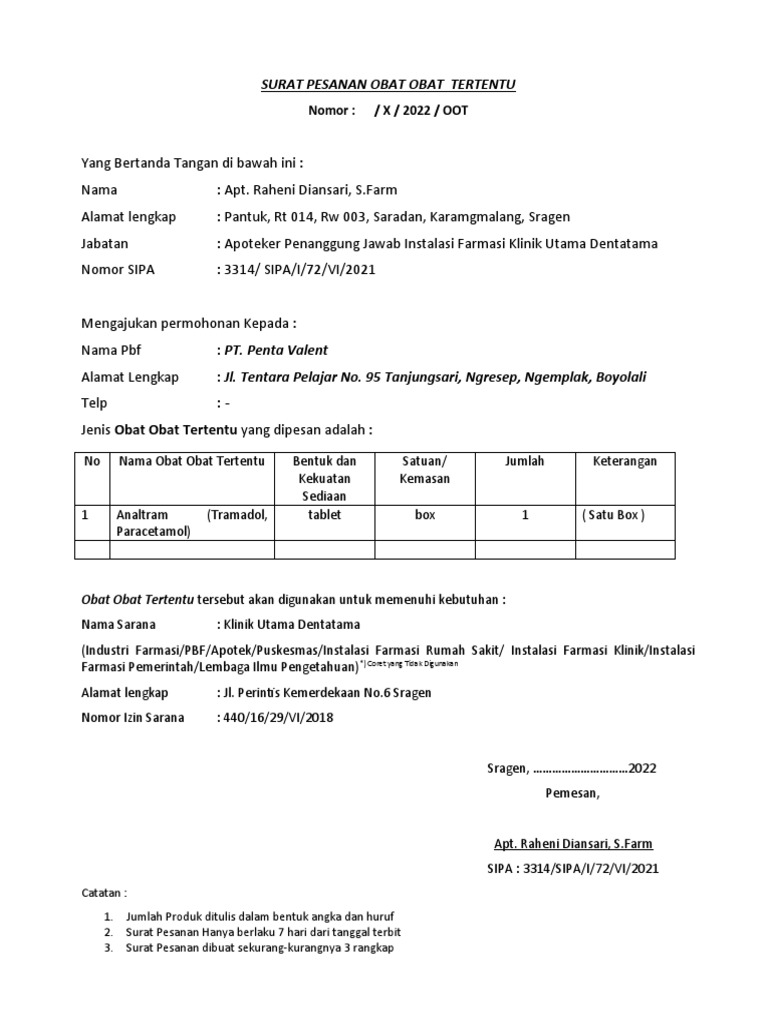 Surat Pesanan Obat Analtram 2022 | PDF