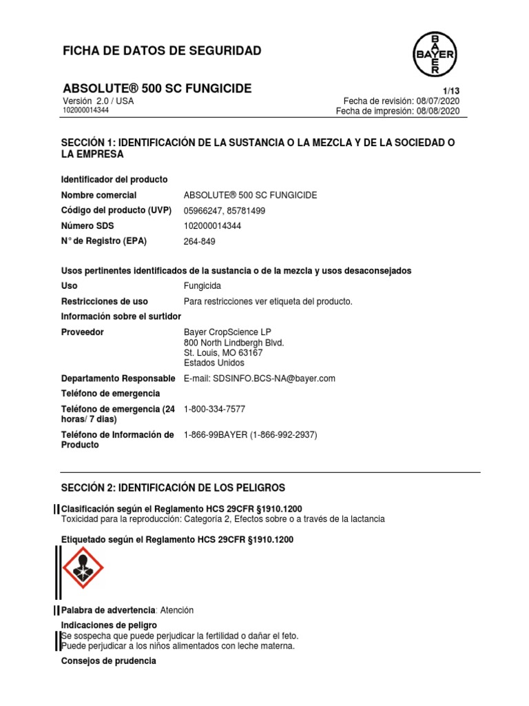 Absolute 500 SC1l Fungicide MSDS | PDF | Agua | Residuos