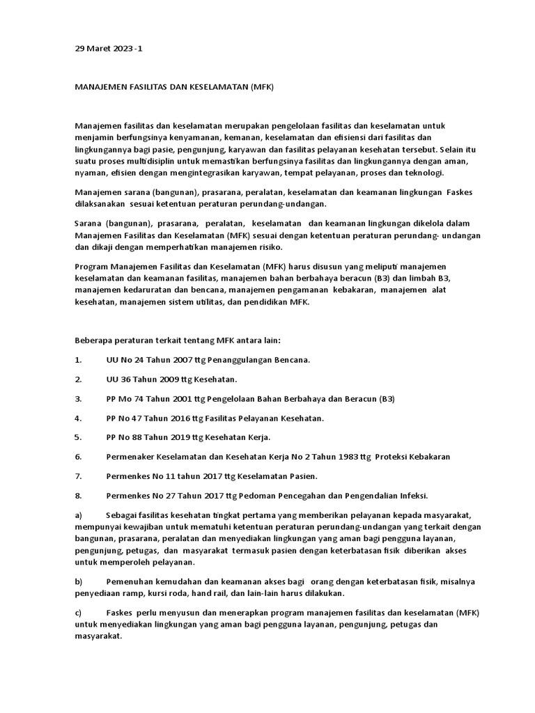 Kuliah Akreditasi Manajemen Fasilitas Dan Keselamatan (MFK) | PDF