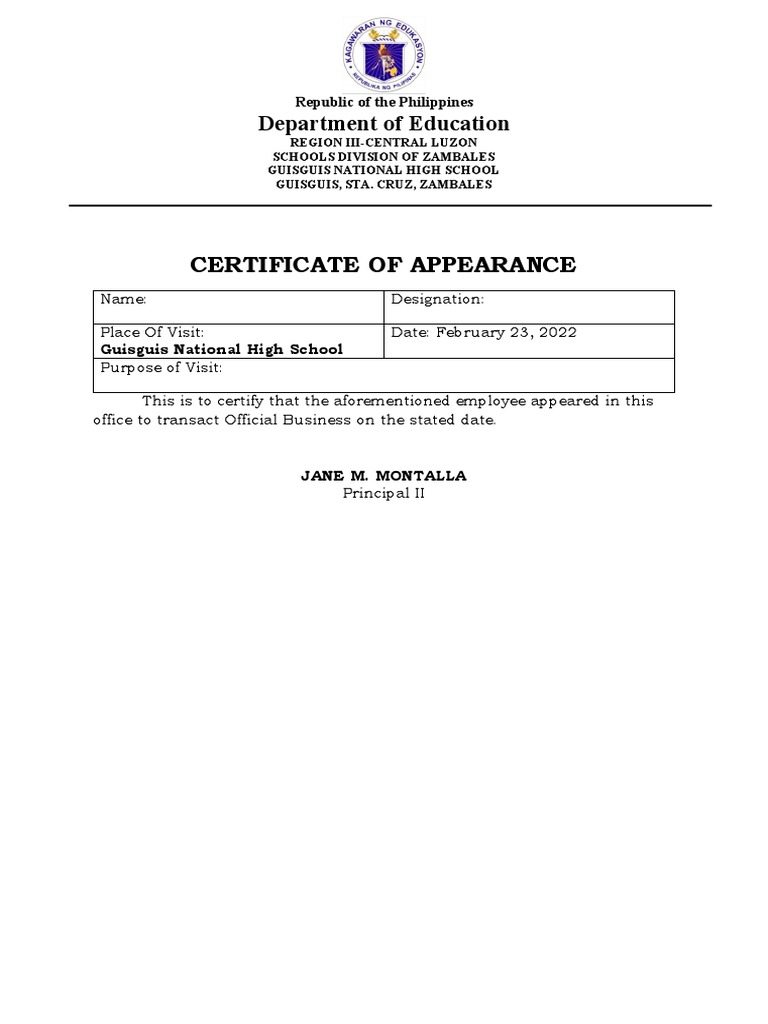 Philippines Dept Ed certificate visit Guisguis HS Zambales | PDF