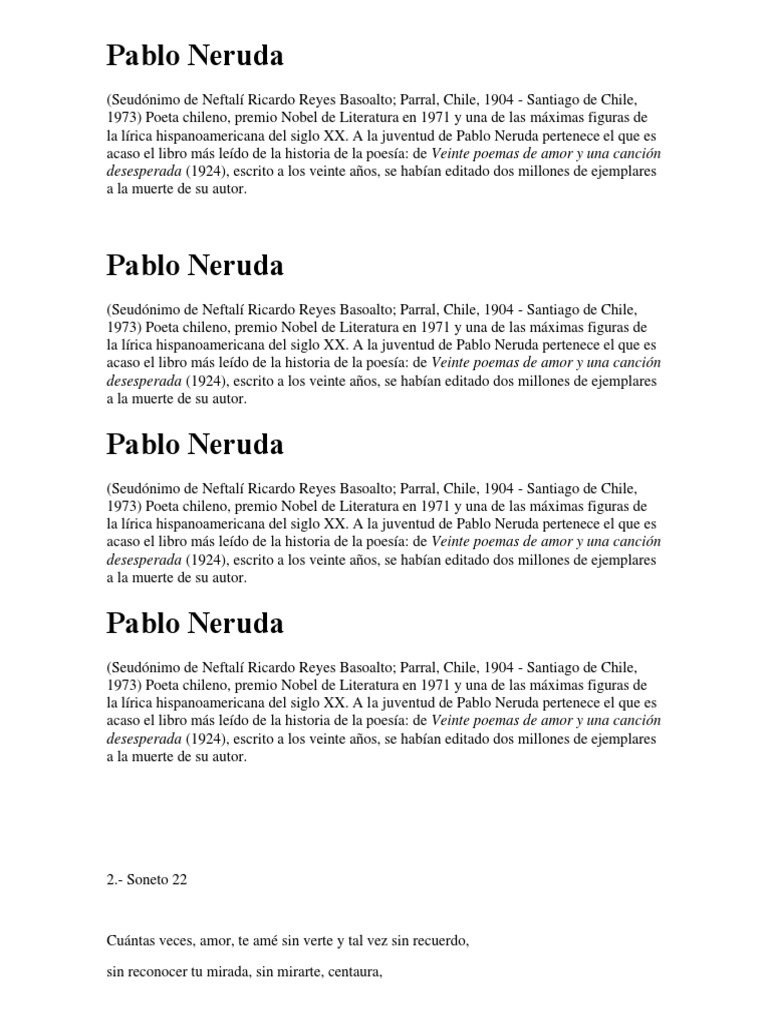 Paaaaaaaaaaaaaablo Neeeeeeeeeruda Soneto 22 | PDF