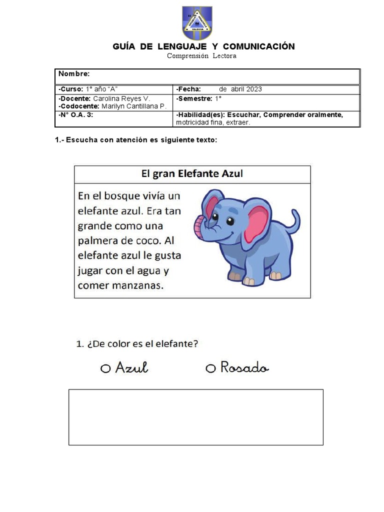 C.Lectora-El Gran Elefante Azul-3°a-2023 | PDF