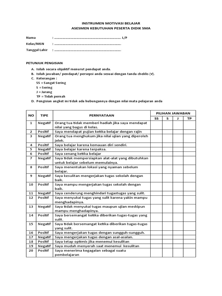 Instrumen Motivasi Belajar | PDF
