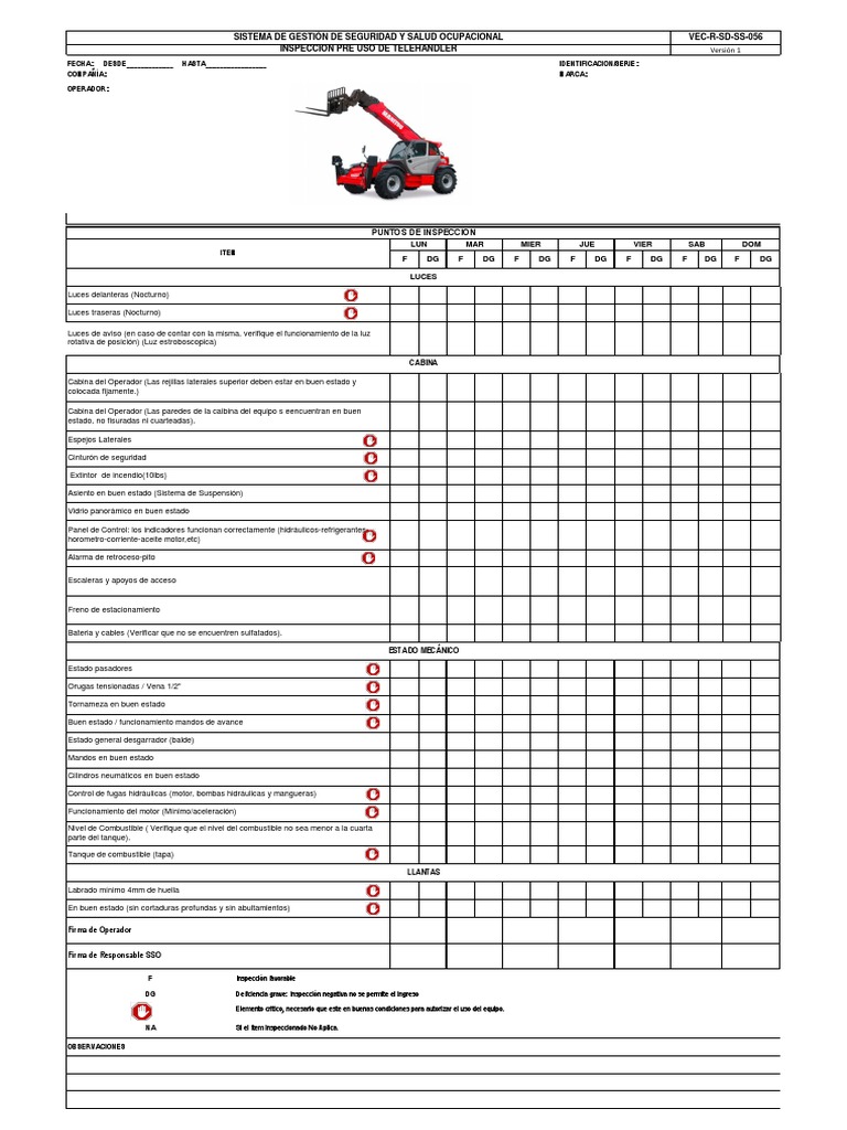INSPECCIÓN PRE USO DE TELEHANDLER | PDF | Vehículos | Vehículo de motor