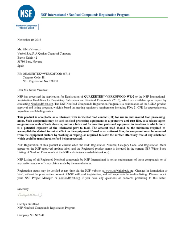NSF International / Nonfood Compounds Registration Program | PDF