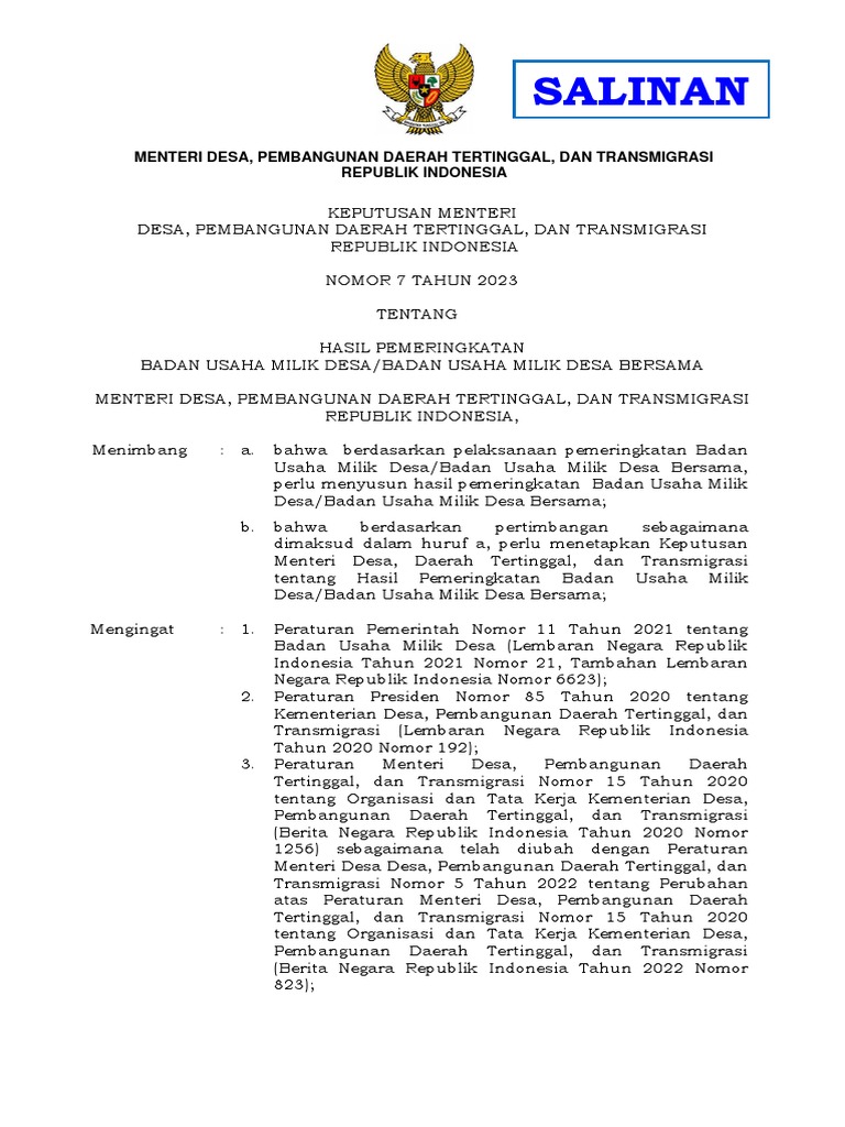 Salinan Keputusan Menteri Desa, PDT, Dan Transmigrasi Nomor 7 Tahun 2023 TTG Hasil Pemeringkatan ...