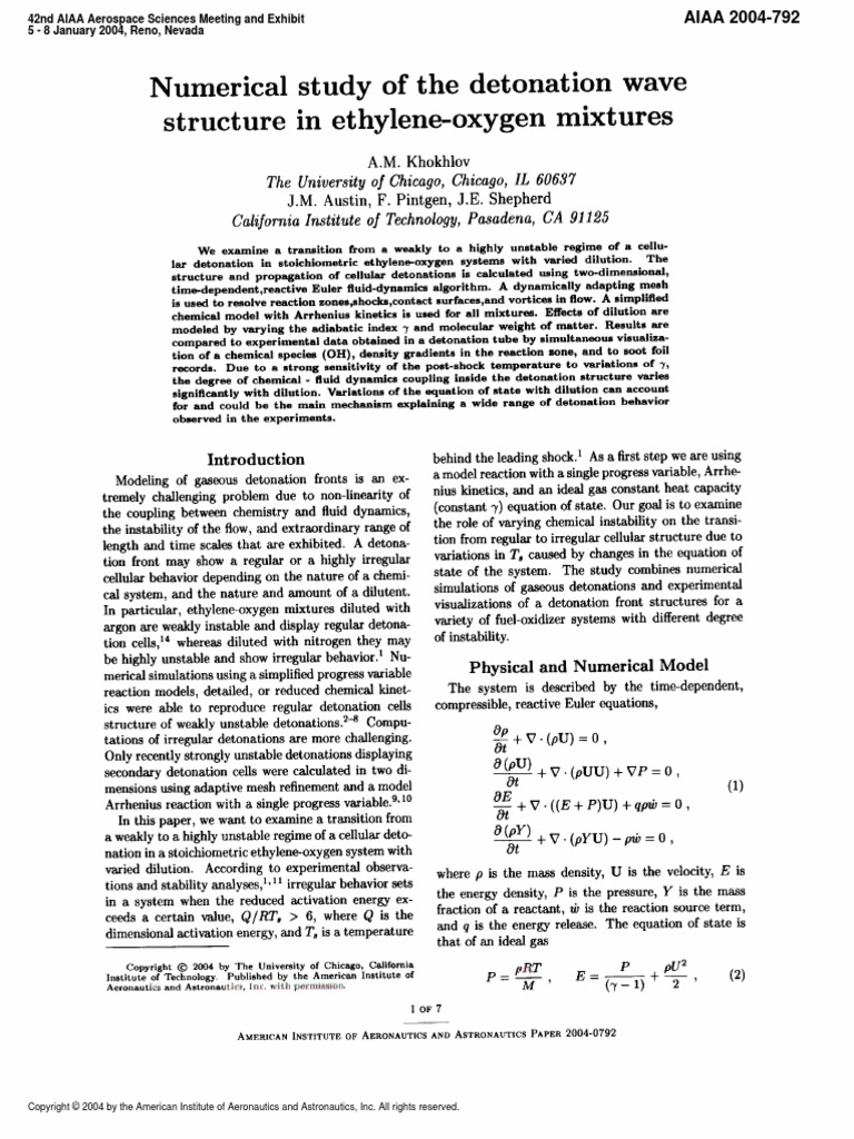 Numerical Study of The Detonation Wave Structure in Et Hylene-Oxygen Mixtures | PDF | Chemical ...