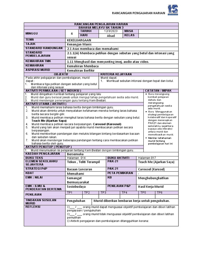 RPH Minggu 4 BM SK THN 3 2023 by Cikgu Gorgeous | PDF