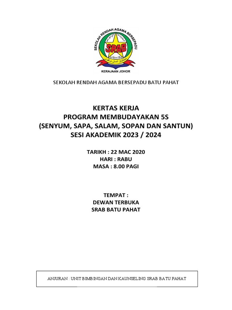 Kertas Kerja Amalan Budaya 5s Srab 2023 | PDF