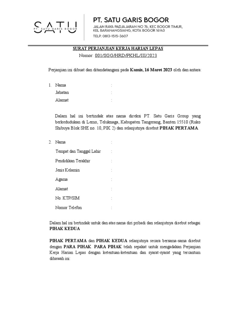 Surat Perjanjian Kerja Harian Lepas | PDF