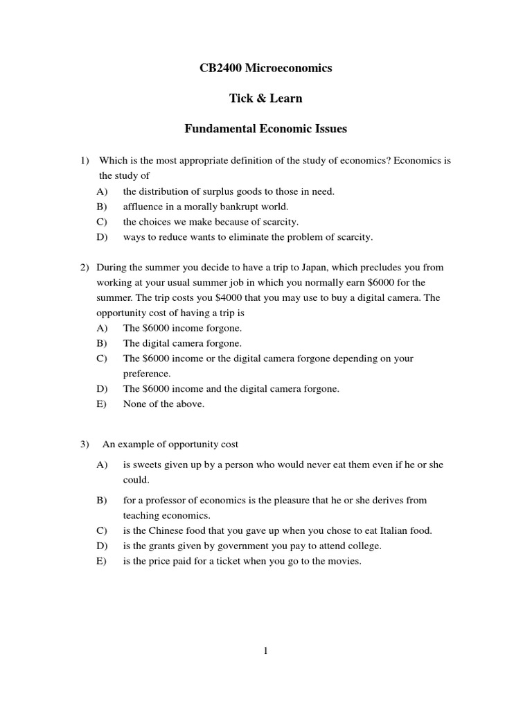 CB2400 Tick & Learn FUNDAMENTAL ECONOMIC ISSUES | PDF | Economics | Opportunity Cost