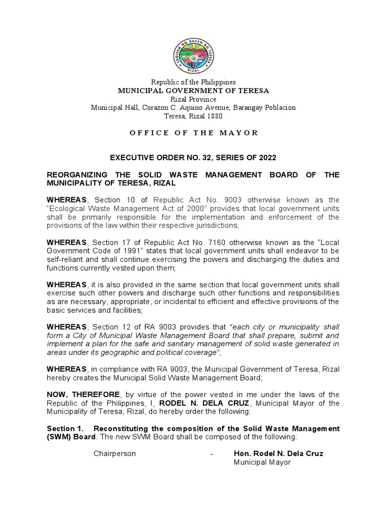 Teresa Rizal Solid Waste Management Order | PDF | Waste Management ...