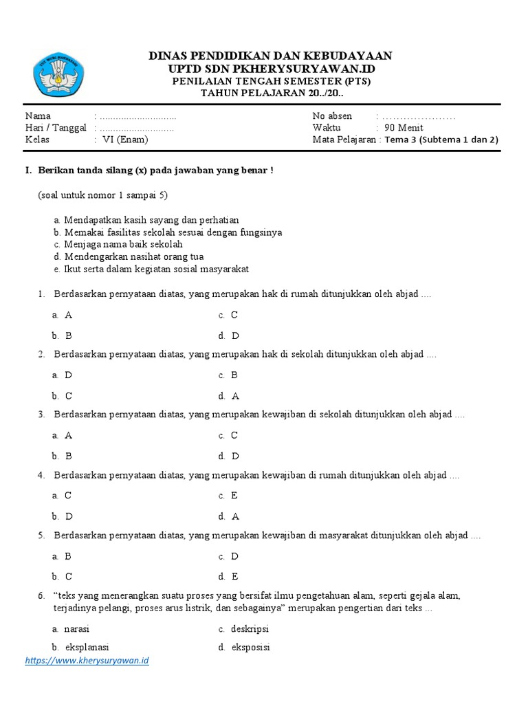 Soal Pts Kelas 6 Tema 3 Sub 1&2 - (WWW - Kherysuryawan.id) | PDF