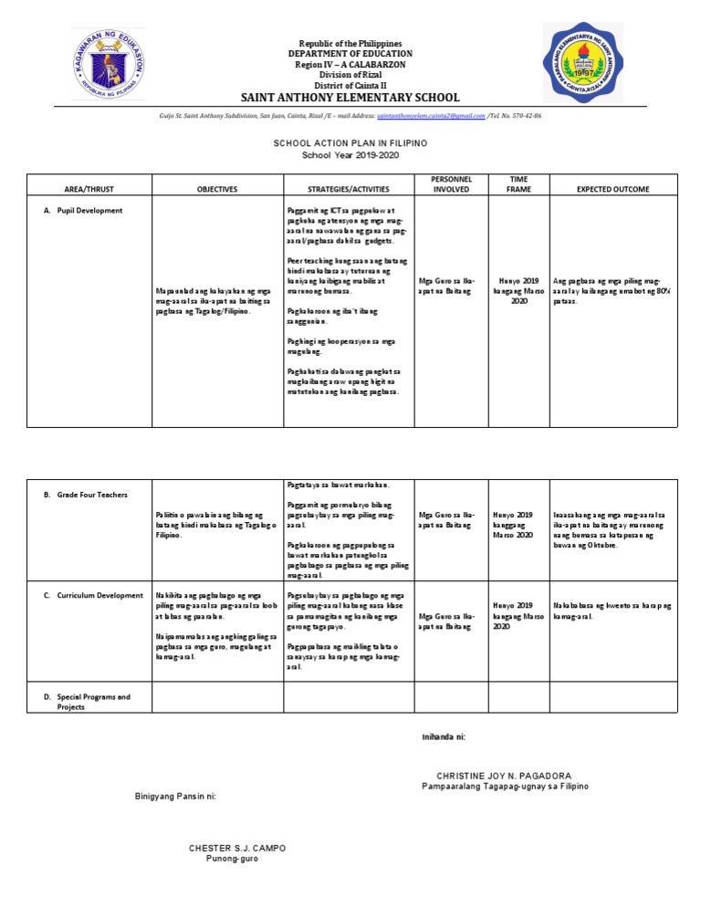ACTION PLAN IN FILIPINO S.Y. 2019 2020 | PDF