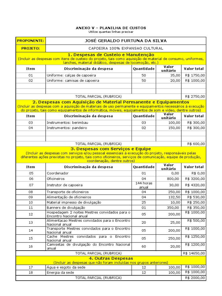 Anexo V - Planilha de Custos | PDF