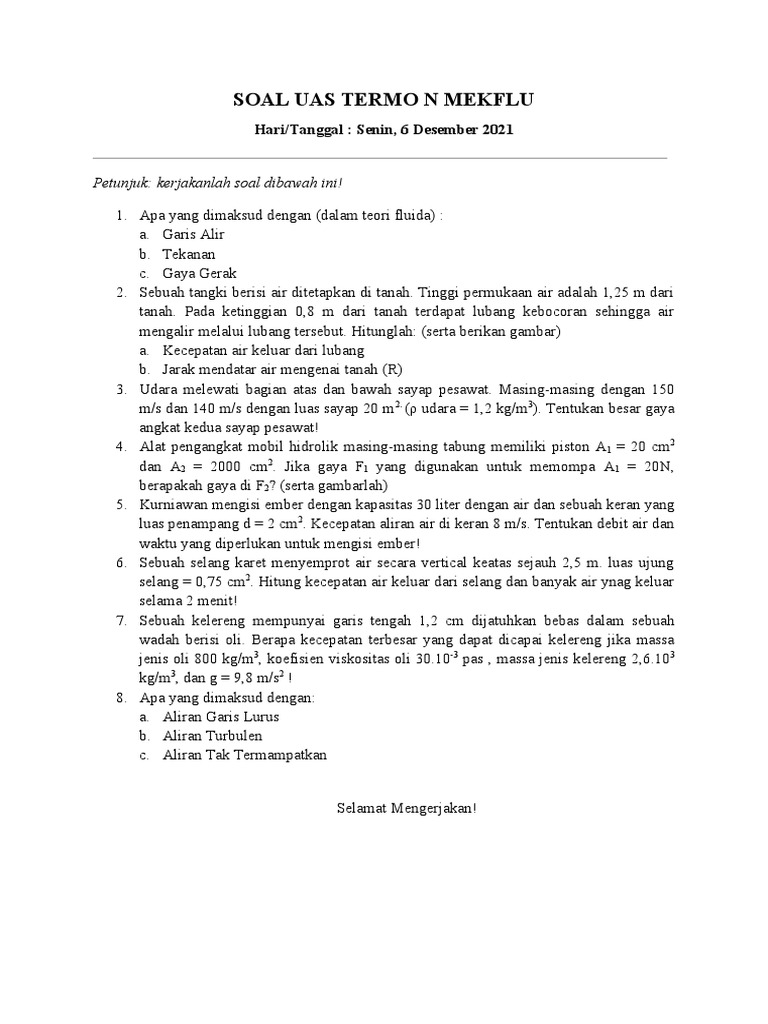 Soal UAS Termo N Mekflu | PDF