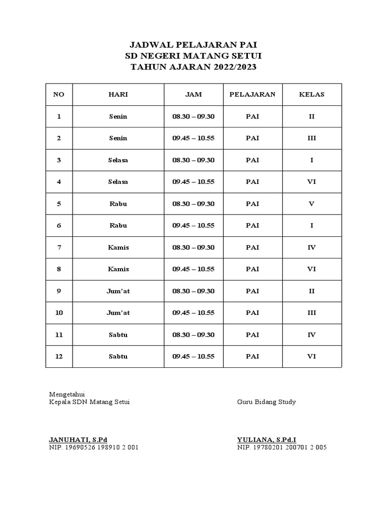 Jadwal Pelajaran Pai | PDF