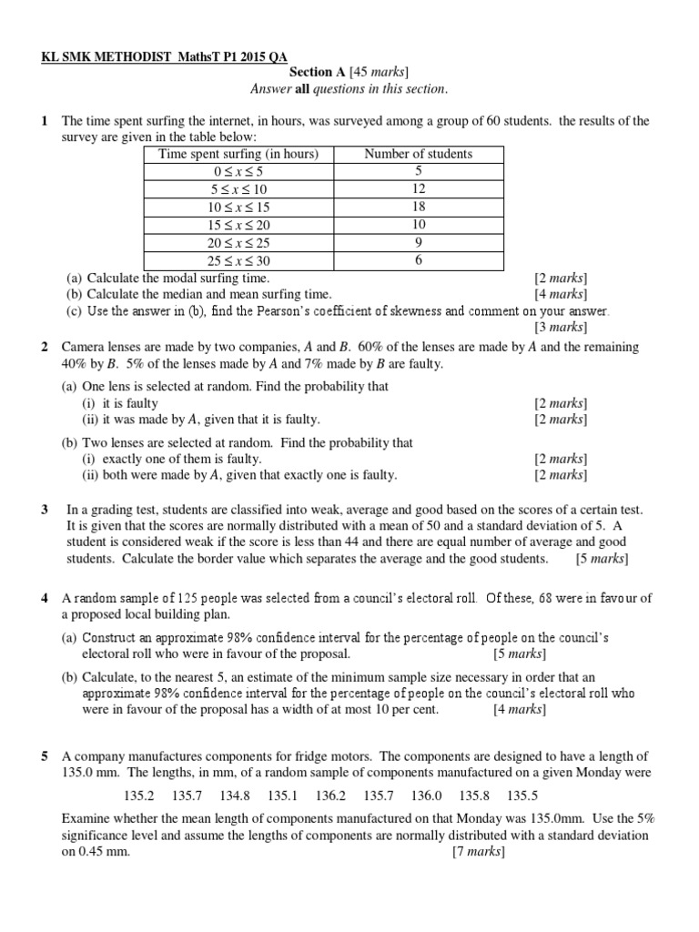 Answer All Questions in This Section.: KL SMK Methodist Mathst P1 2015 Qa | PDF | Statistics ...