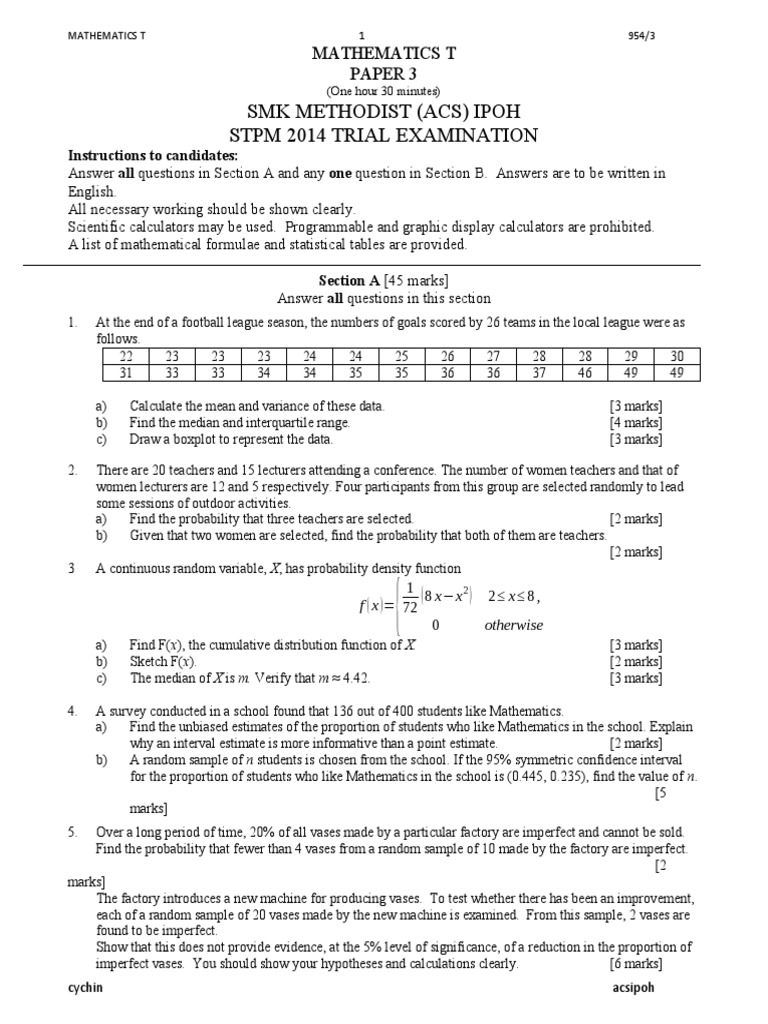 STPM 2014 Mathematics T Trial Exam Review | PDF | Estimator | Poisson Distribution