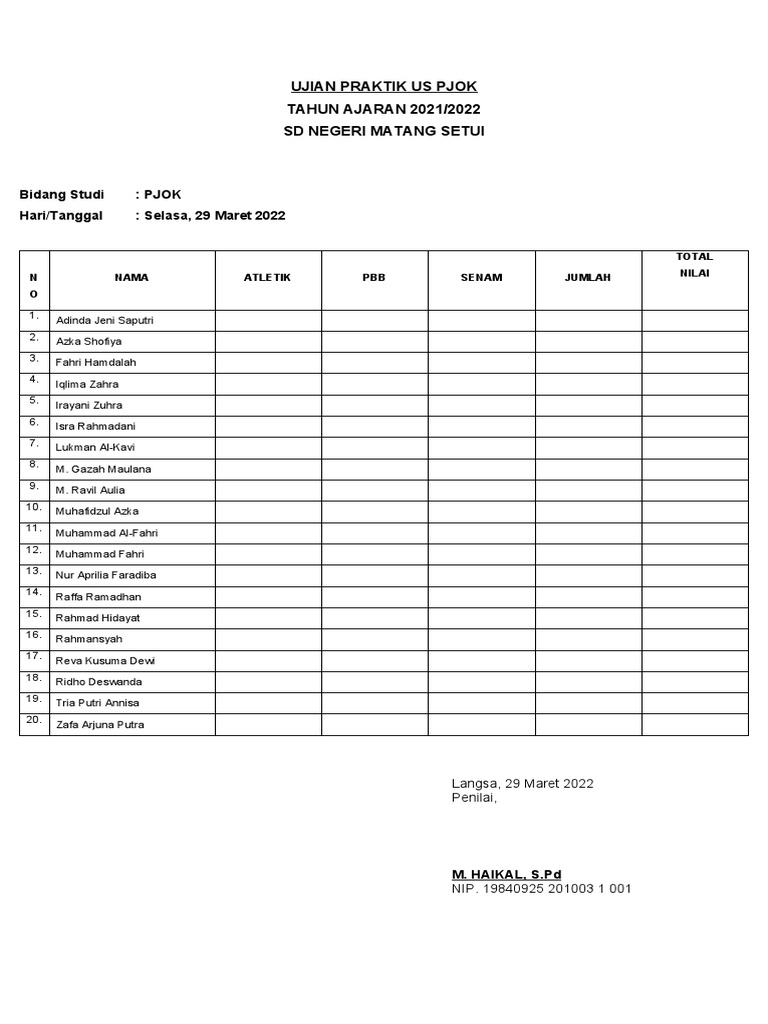 Daftar Nilai Ujian Praktik Us Pjok | PDF