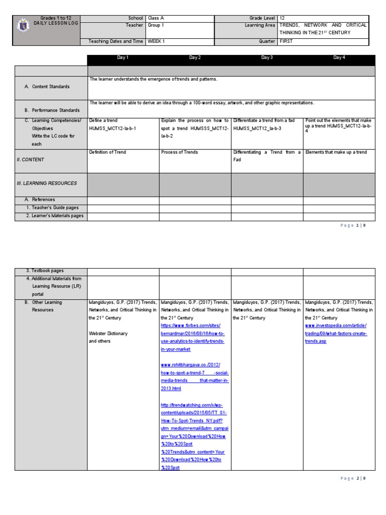 Analyzing Trends and Patterns: A Daily Lesson Log on Identifying ...