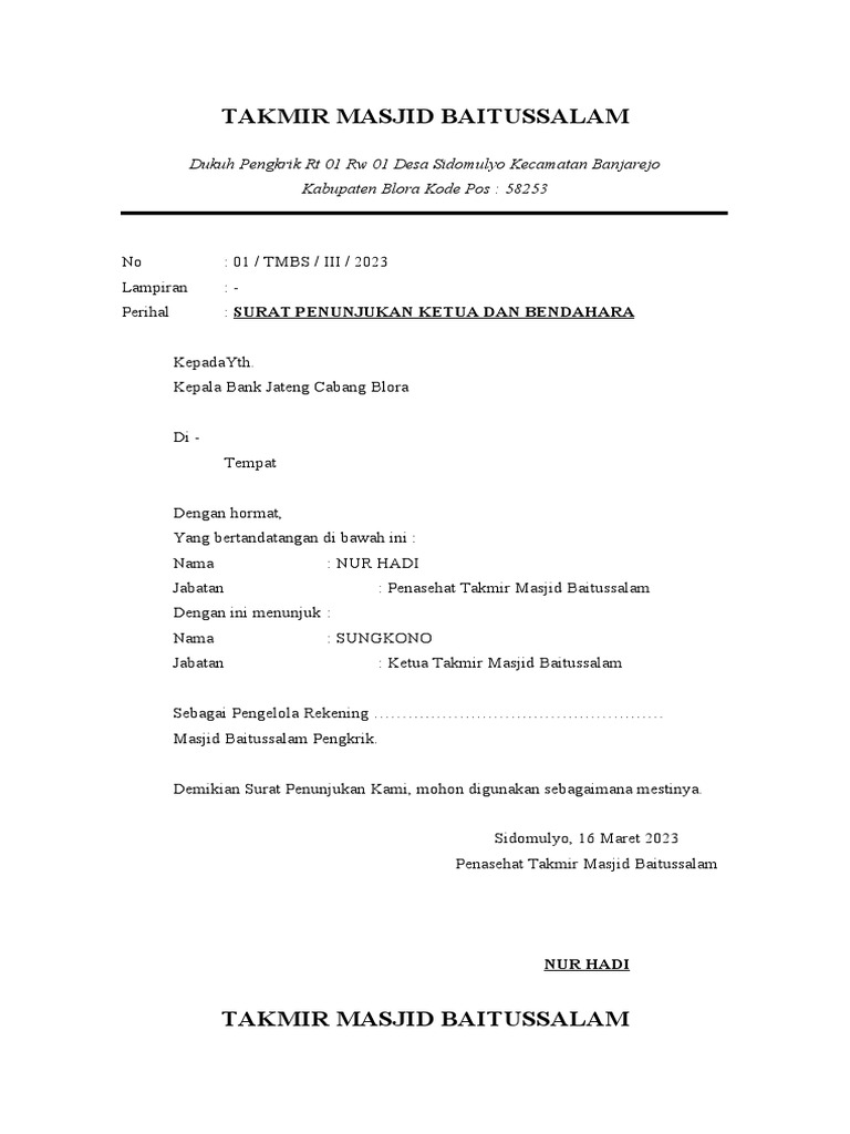 Contoh Surat Penunjukan Pengelola Rek | PDF