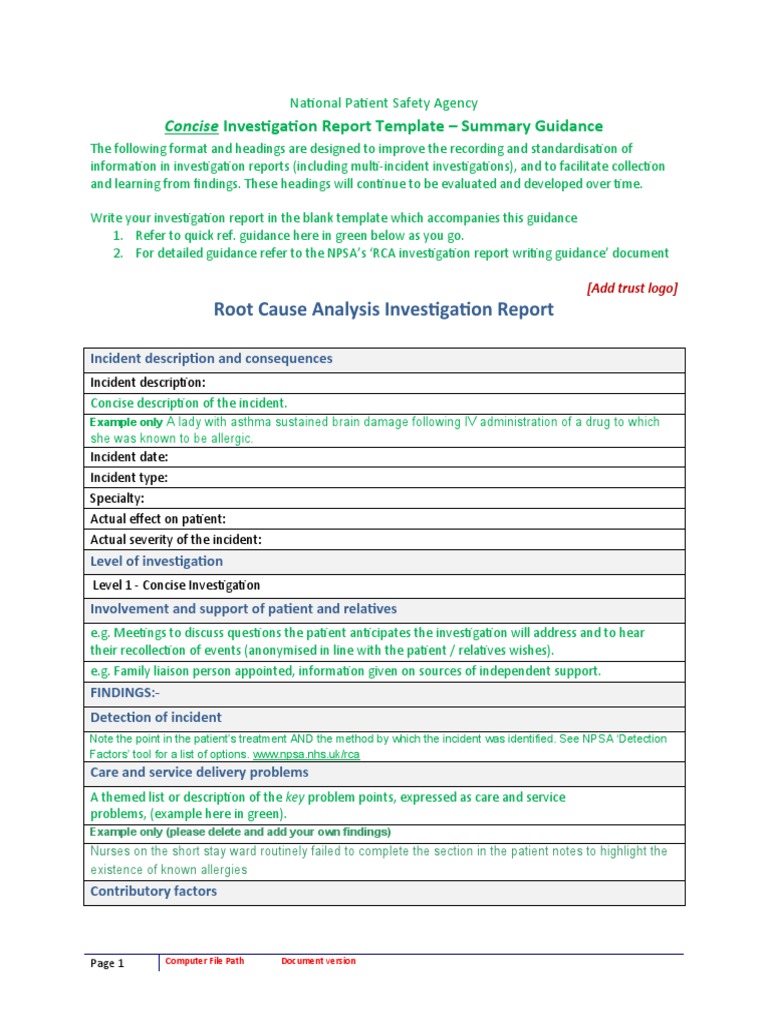 Root Cause Analysis Template 20 | PDF | Risk | Patient Safety