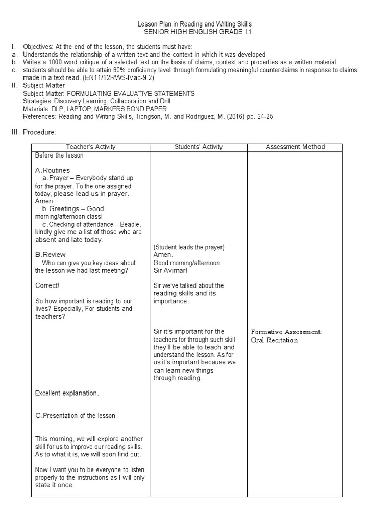 Lesson Plan in Reading and Writing Skills | PDF | Lesson Plan ...