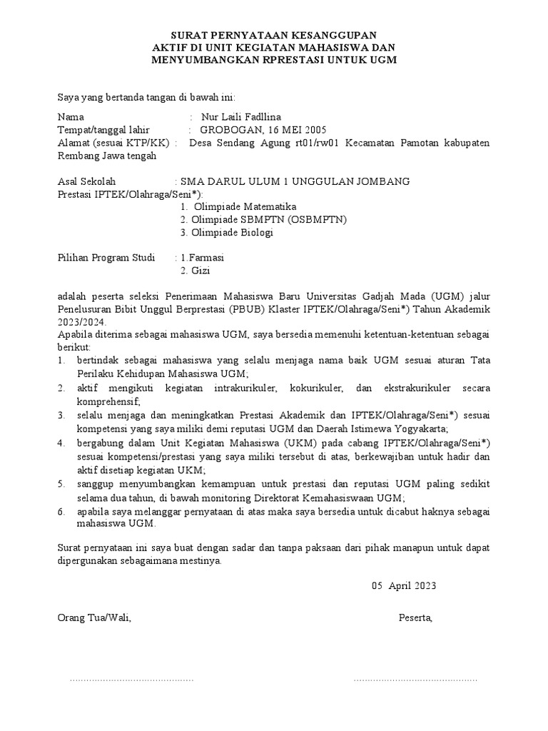 PBUB Pernyataan Kesanggupan Aktif Ukm berprestasi-utk-UGM-2023 | PDF