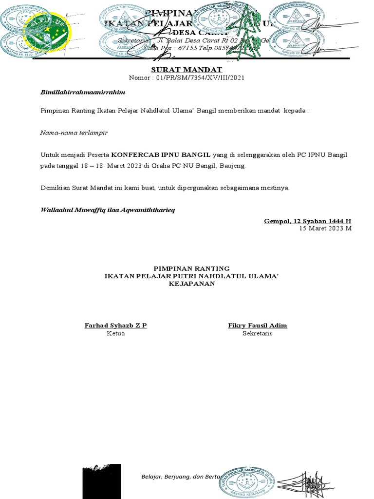Contoh Surat Mandat IPNU | PDF