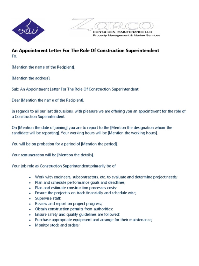An Appointment Letter For The Role of Construction Superintendent | PDF