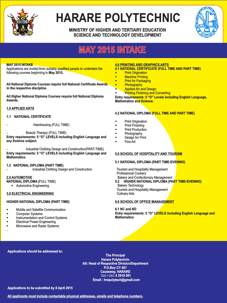 Harare Polytechnic May 2015 Intake May 2015 Intake Pdf Diploma Engineering