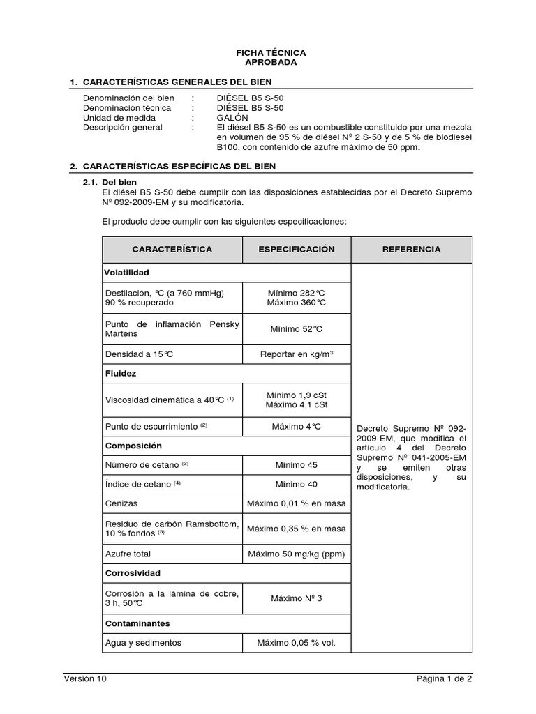Ficha Tecnica Disel B5 S-50 V-10 | PDF | Biodiésel | Combustible diesel