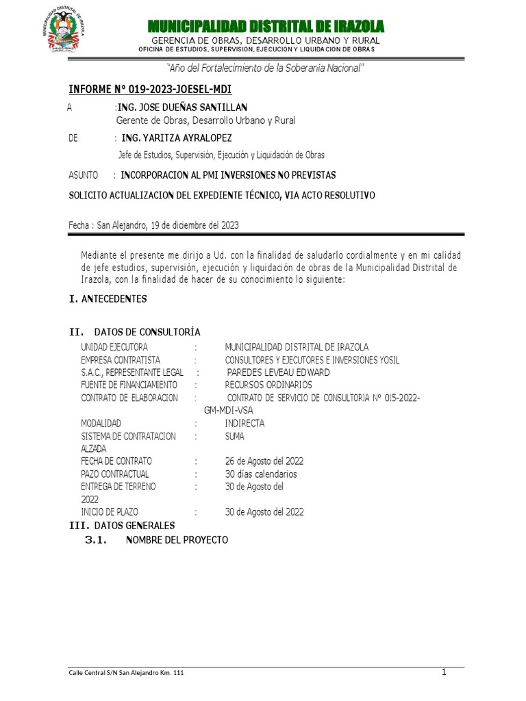 Informe N°019-Incorporacion Al Pmi Como Inversiones No Previstas | PDF | Presupuesto ...