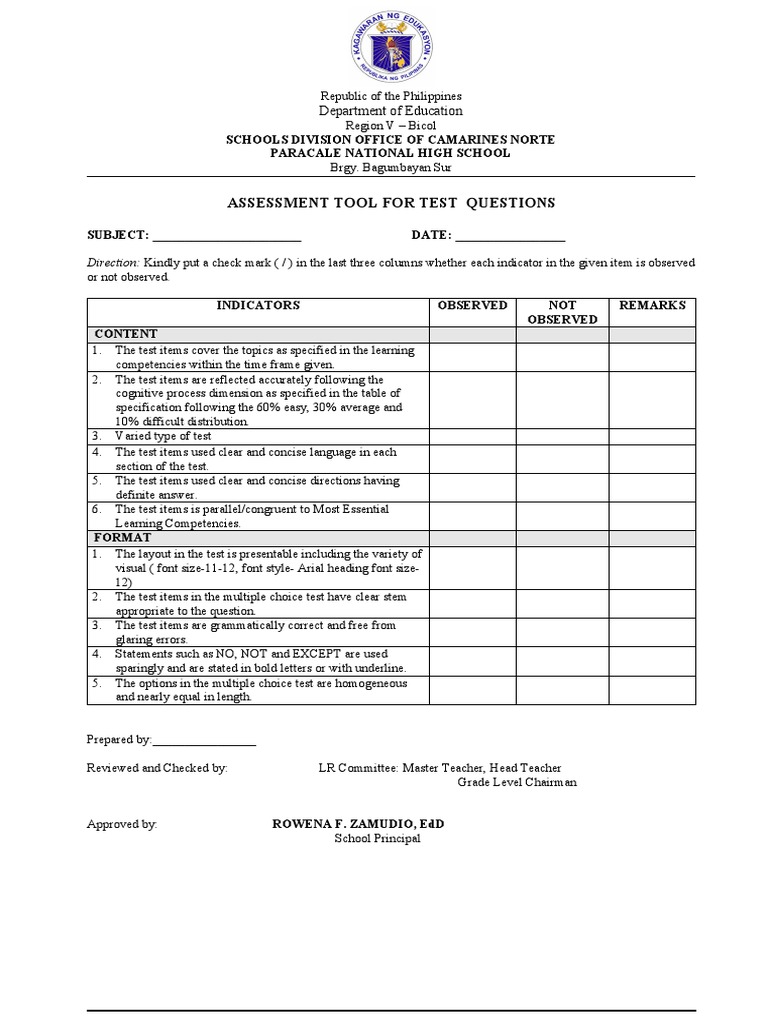 Assessment Tool For Test Questions | PDF