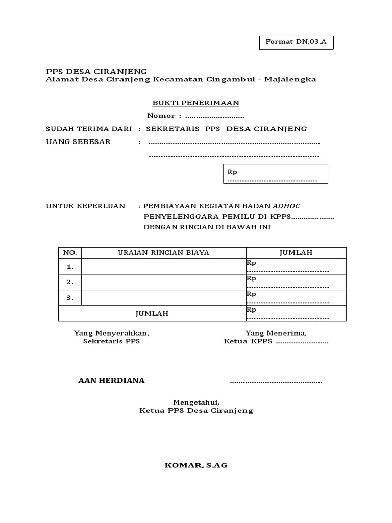 Format Dn.03.a Bukti Penerimaan Dana Tahapan Pemilu KPPS | PDF