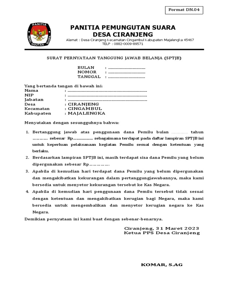Format DN.04 Surat Pernyataan Tanggung Jawab Belanja (SPTJB) | PDF