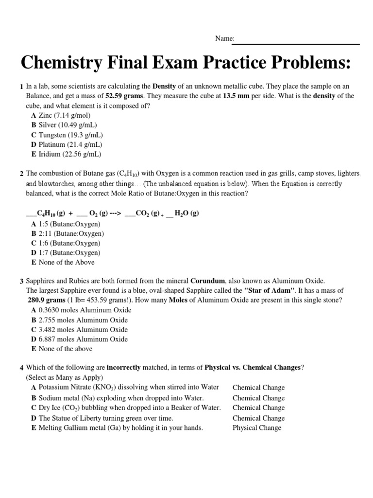 Chemistry+Final+Exam+Practice+Problems,+Set+I+ (Dec +2022) | PDF ...