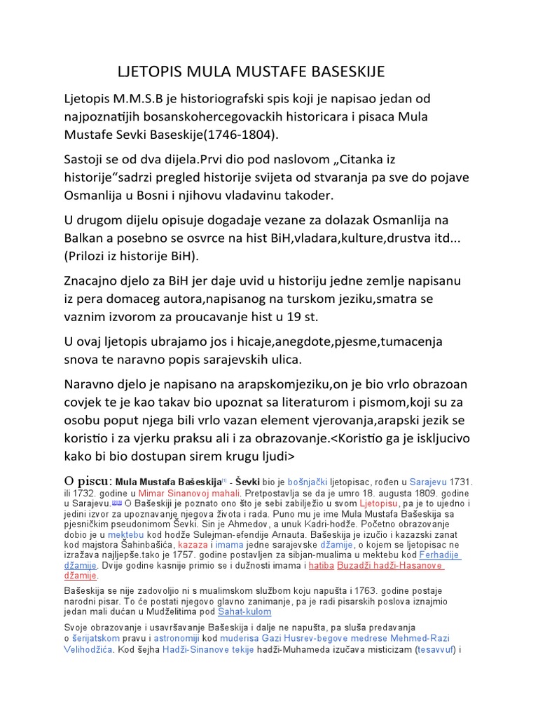 Ljetopis Mula Mustafe Baseskije: Mula Mustafa Bašeskija | PDF