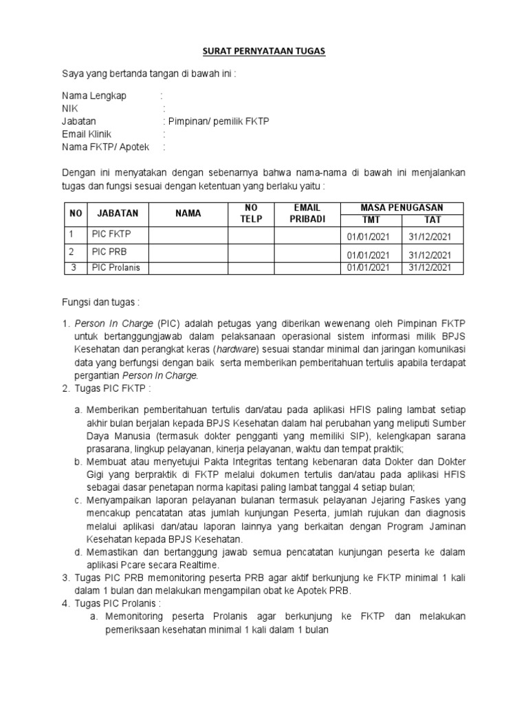 Lampiran 7 - Surat Tugas PIC FKTP | PDF