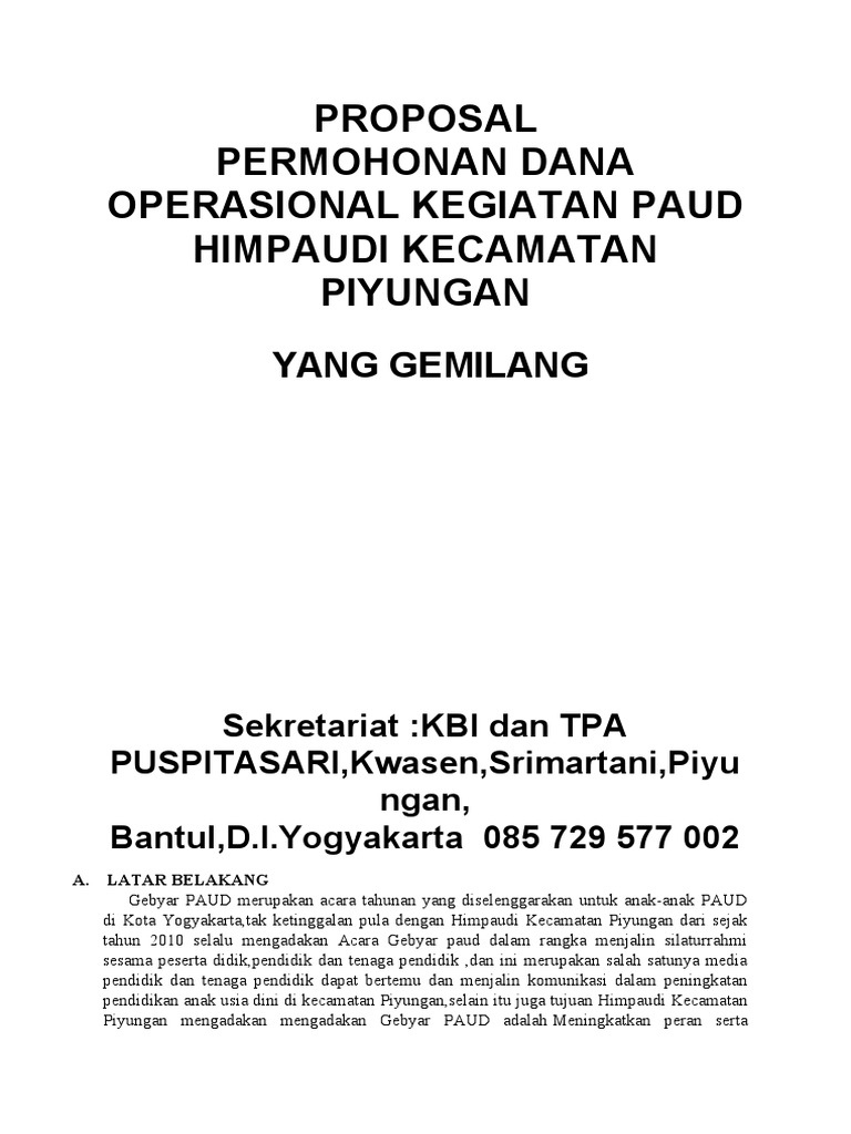 Proposal Permohonan Dana Operasional Kegiatan Paud Himpaudi Kecamatan Piyungan | PDF