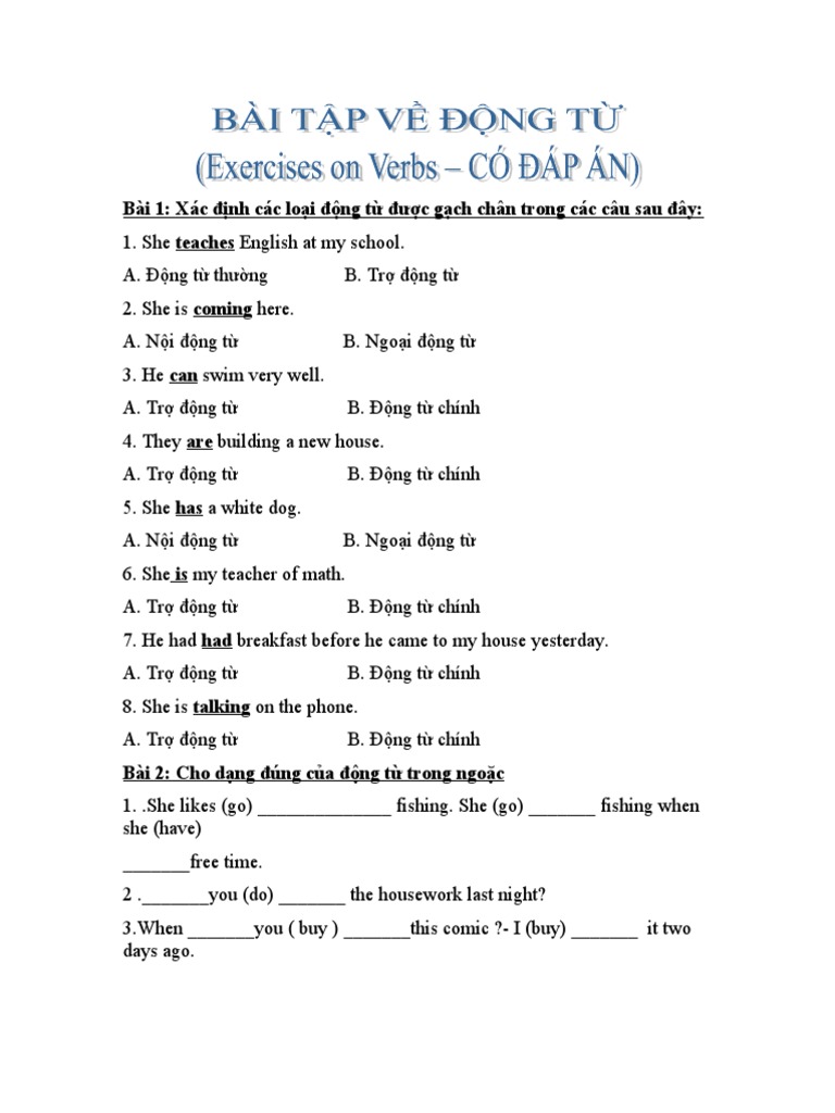 BAI TAP VE DONG TU Exercises On Verbs CUC HAY CO DAP AN | PDF | Food And Drink