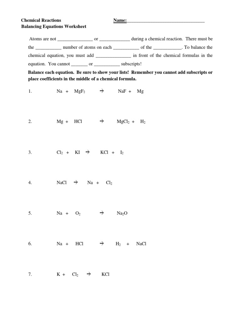 Balancing Chemical Equations Worksheet Pdf Balancing Chemical