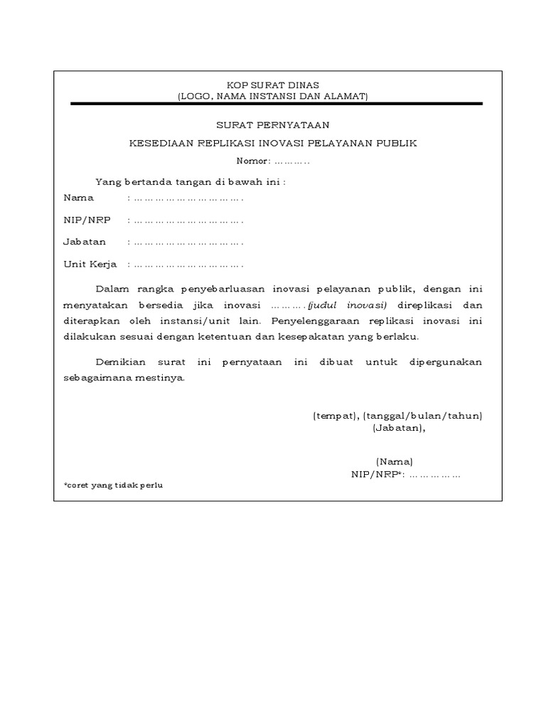 Surat Pernyataan Replikasi Inovasi | PDF