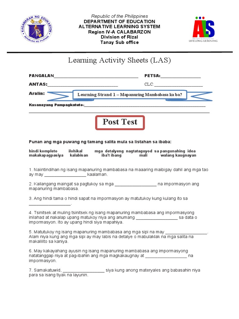 Learning Activity Sheets (LAS) : Post Test | PDF