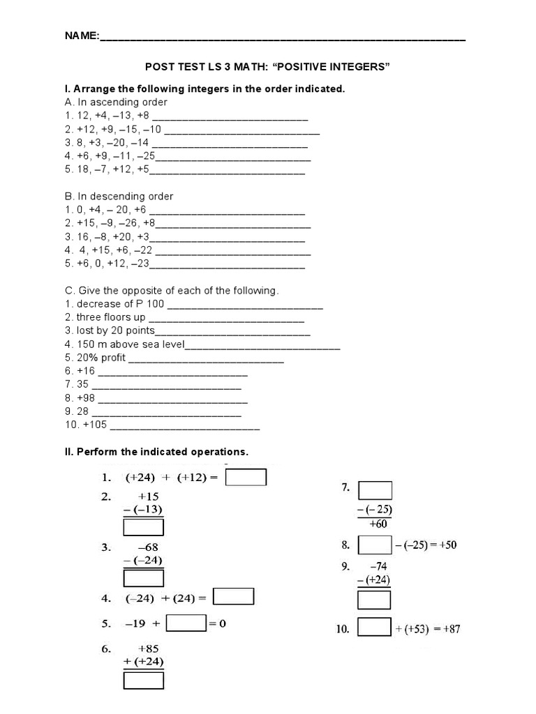 Post Test on Positive Integers | PDF