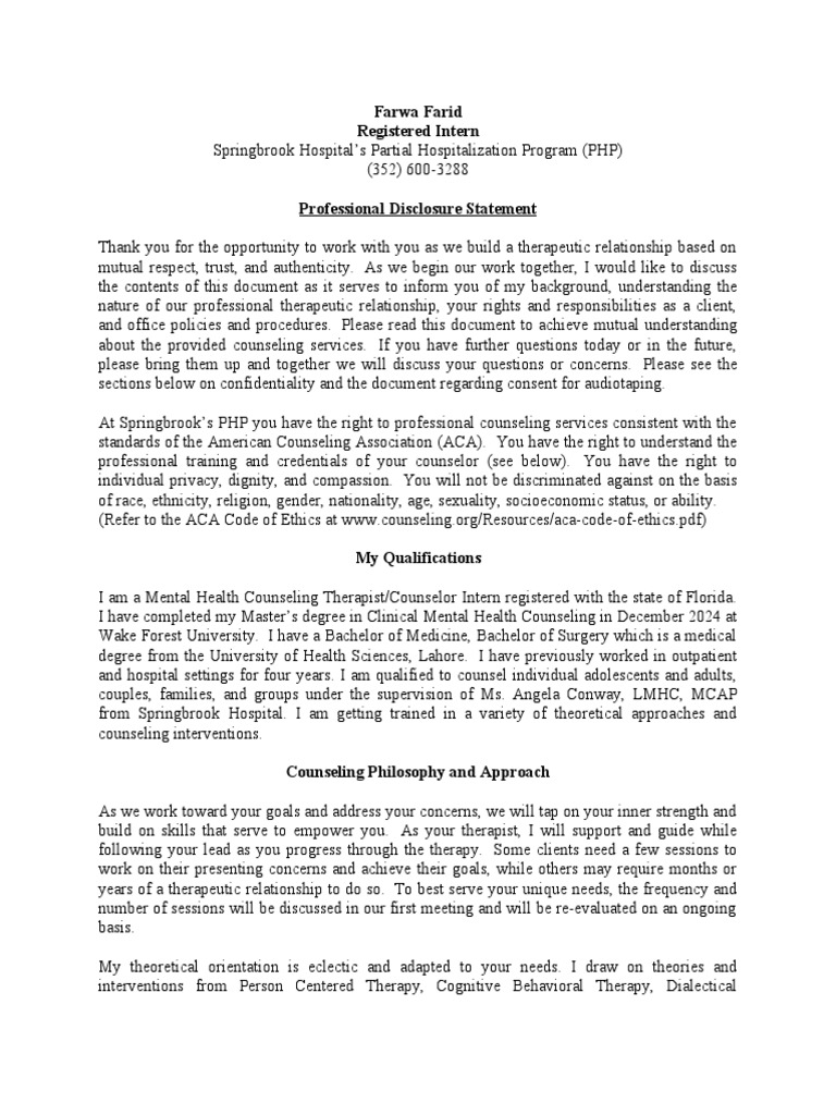Professional Disclosure Statement Final | PDF | Psychotherapy ...