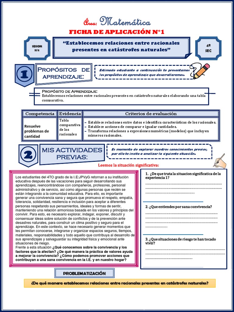 4° Ficha de Aplicación-Sesión1-Sem.1-Exp.1-Mate. | Descargar gratis PDF | Aprendizaje | Evaluación