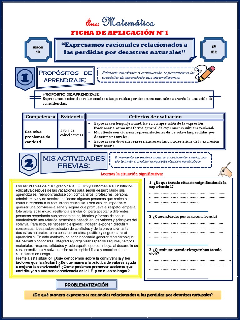 5° Ficha de Aplicación-Sesión1-Sem.1-Exp.1-Mate. | PDF | Aprendizaje | Riesgo